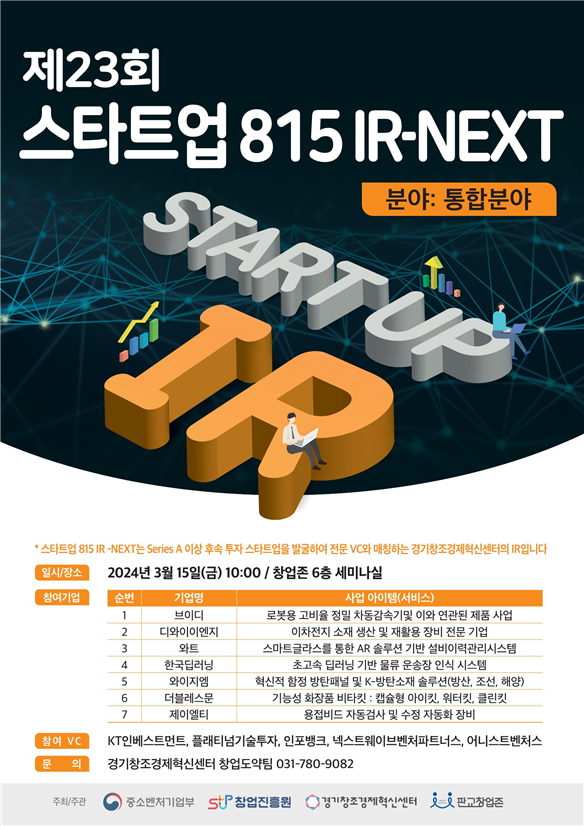 경기창조경제혁신센터,‘스타트업 815 IR – NEXT’로 초격차분야 기업 발굴
